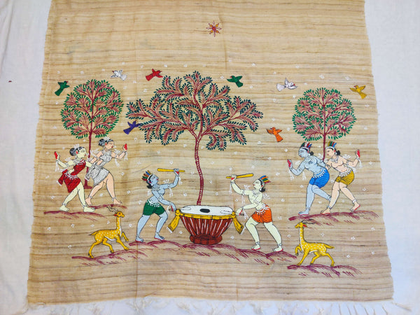 Beige Tussar Ghicha Silk Stole with handpainted tribal art - Crafts ...