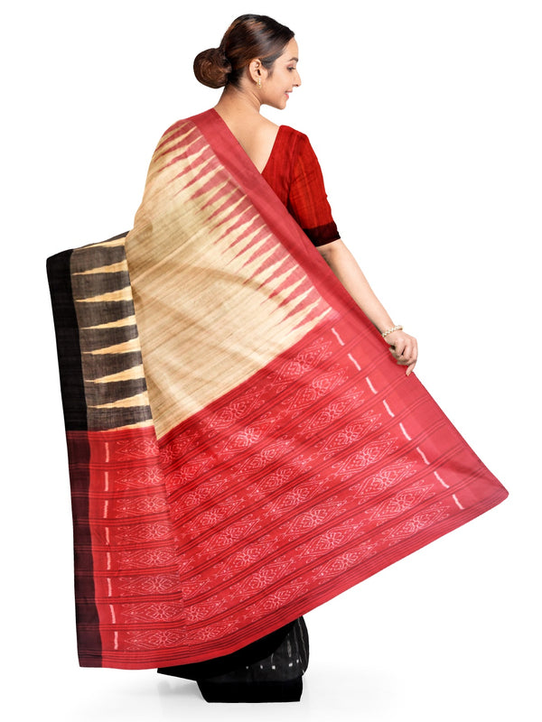 Beige Patli Tussar Ghicha Silk Gangajamuna Sambalpuri Ikat Saree ...