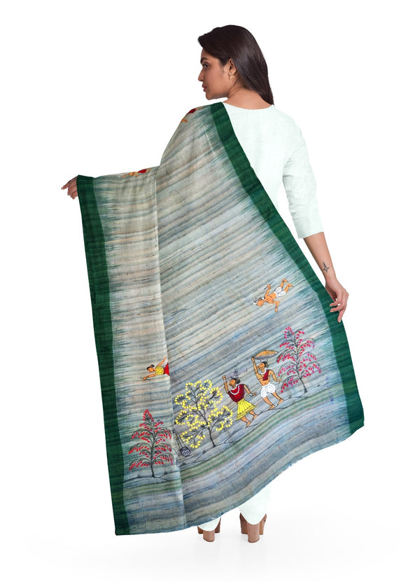 Green Tussar Ghicha Silk Dupatta with handpainted tribal art - Crafts ...